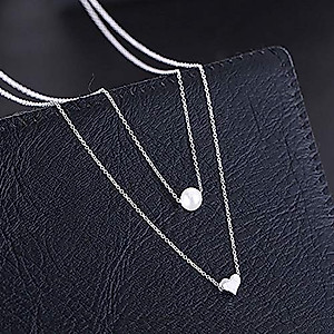 Artmiss Initial Heart Layered Pearl Pendant Necklace Silver Women Double Chain for Women