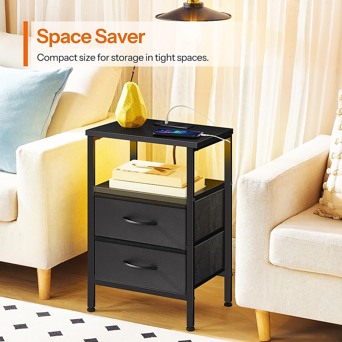 HOOBRO Nightstand with Charging Station and LED Light, Night Stand with 2 Fabric Drawers and Open Storage, Bedside Table with USB Ports and Outlet, End Table for Bedroom, Black BB110UDBZ01