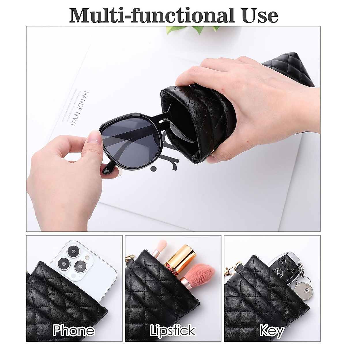 MoKo Double Eyeglasses Pouch with Carrying Strap, Soft PU Leather Large Squeeze Top Portable Sunglass Case with Cleaning Cloth for Women Men, Black