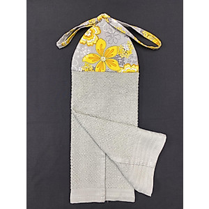 White and Yellow Flowers on Grey Gray Ties On Stays Put Kitchen Hanging Loop Hand Dish Towel