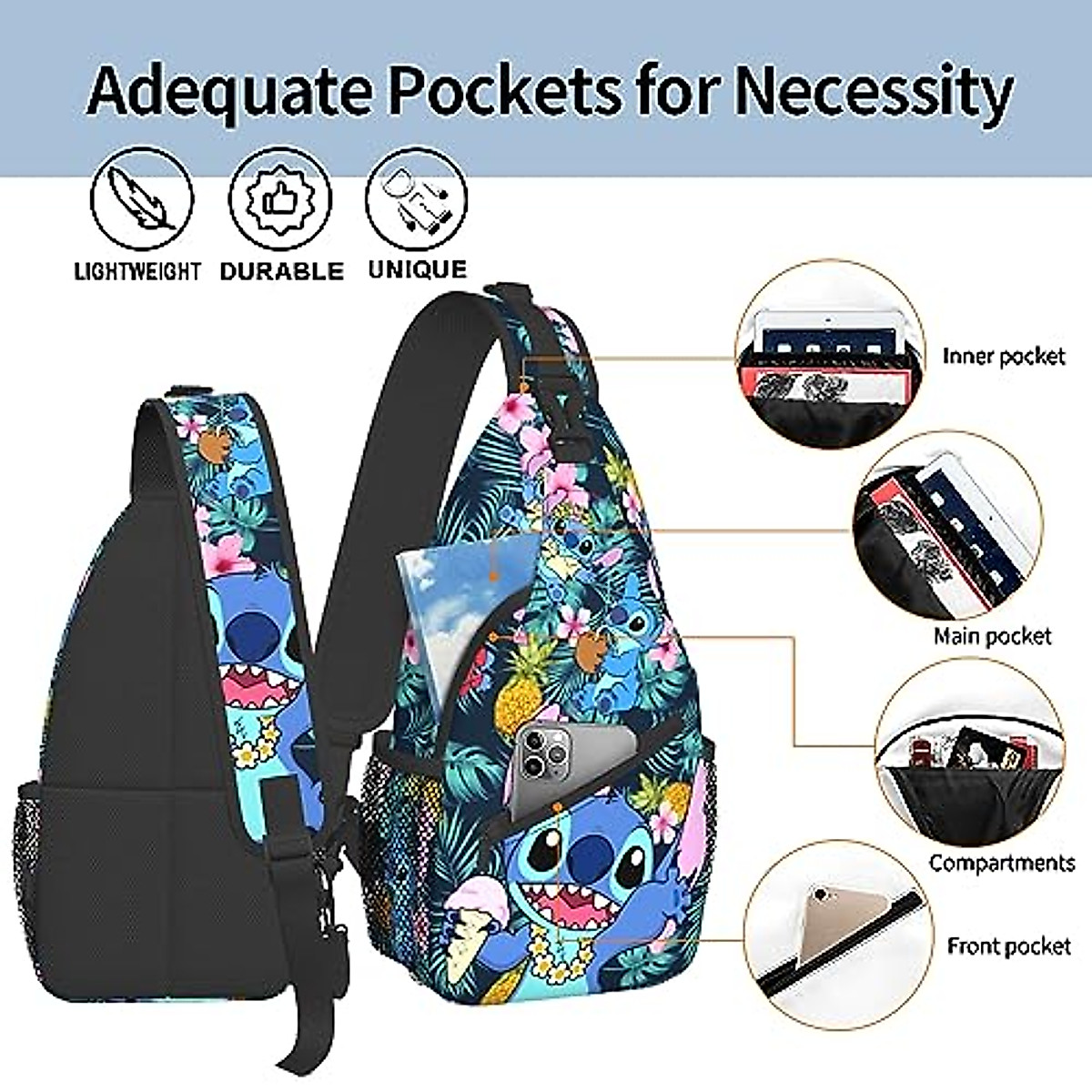 AIOUINBMO Stitch Sling Bag Cartoon Crossbody Sling Backpack Sling Bag Travel Hiking Chest Bag Daypack for Purses Shoulder Bag Gifts for Women Men