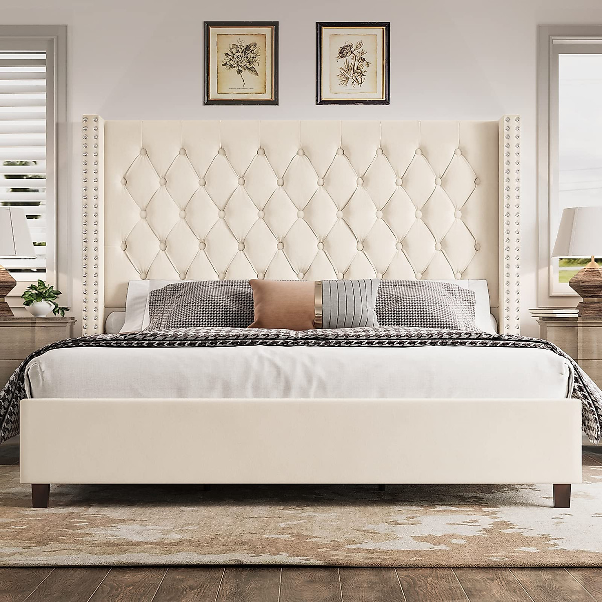 PaPaJet Queen Bed Frame 61.4" Tall Headboard Upholstered Velvet Platform Bed with Handmade Deep Button Tufted/No Box Spring Required/Cream