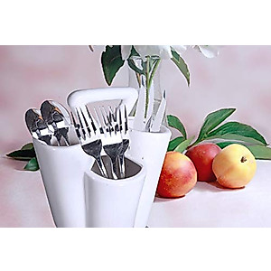 Farmhouse Decor 4 Section Ceramic Silverware Holder - Flatware and Cutlery Caddy - Kitchen Table Organizer (White)