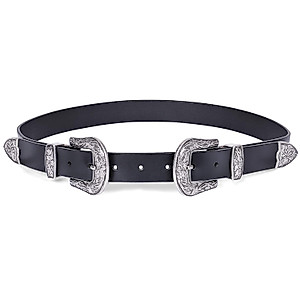 SUOSDEY Western Belts for Women Black Leather Belts for Jeans Dresses with Retro Double Buckle