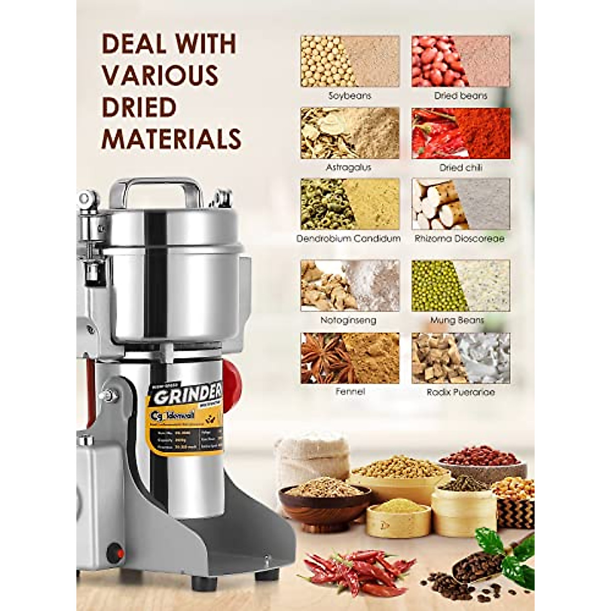 CGOLDENWALL 700g Electric Grain Grinder Mill Safety Upgraded 2400W High-speed Spice Herb Grinder Commercial Superfine Grinding Machine Dry Cereals Pulverizer CE 110V (700g Swing Type)
