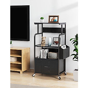 Bealife 3 Tier Home Office Printer Stand with Drawer,Side Canvas Bag, Metal Hook, Tall Mobile Printer Rack Cart with Ample Storage Space, Durable Lockable Casters, Multifunctional in Use - Black
