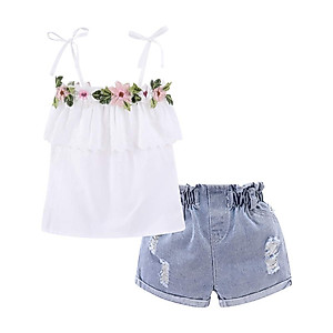 Mud Kingdom Outfits for Toddler Girls White Halter Tops and Shorts Ripped Denim 3T