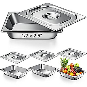 Baderke Stainless Steam Hotel Pans with Lids, 0.7 mm Thick 304 Stainless Steel Hotel Pan Anti Clogging Steam Table Pan for Food Warmer Cooking Heat, Multi Size (4 Pack, 1/2 Half Size x 2.5 Inch Deep)