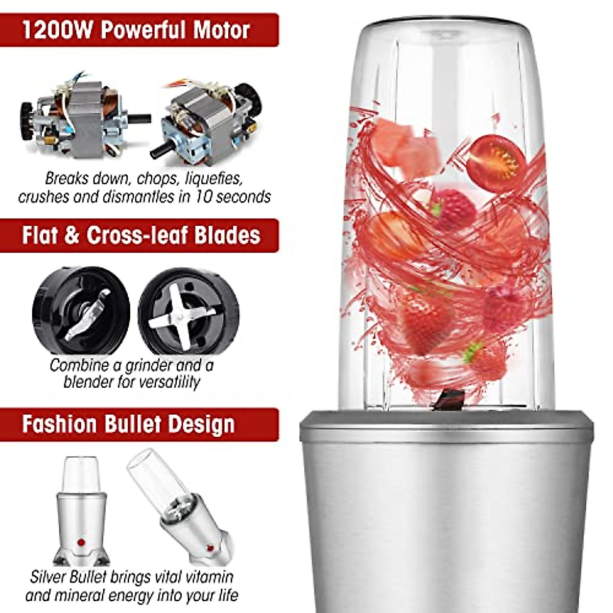 1200W Personal Bullet Blender for Shakes and Smoothies, Regenerate Nutri Aluminum Large Capacity Mixer with Blending & Grinding Blades for Kitchen, Tritan 34+17 Oz Travel Bottles for Fruits, Vegetables, Coffee, Countertop, Silver