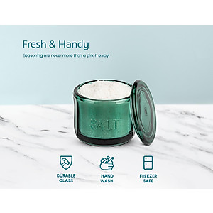 KooK Glass Salt Cellar, with Lid, Embossed Pressed Glass, Clear Storage Container, for Coffee, Sugar, Spices and Candies, 10 oz (Emerald Green)