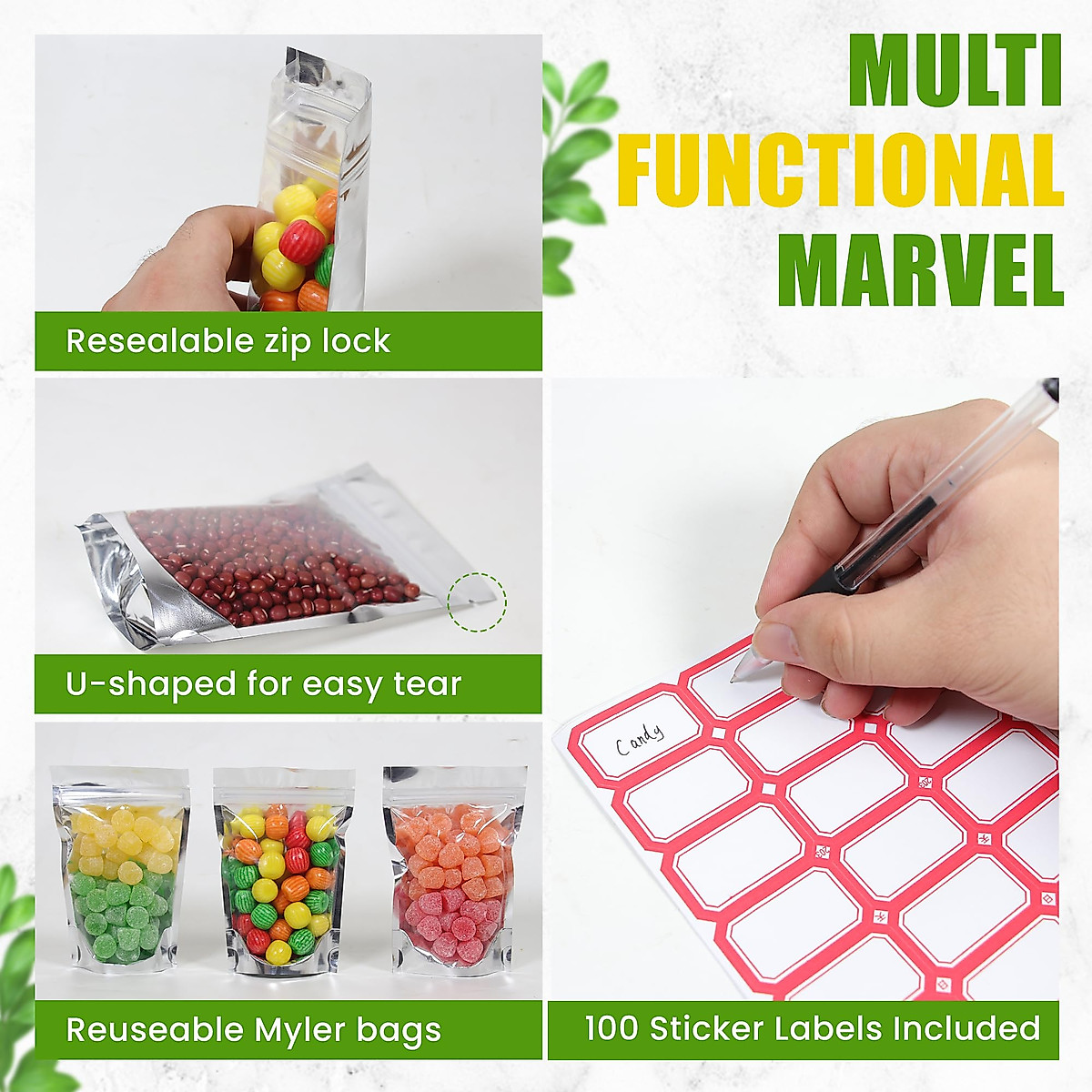 Pack of 100 Mylar Bags, Resealable Mylar Bags for Food Storage