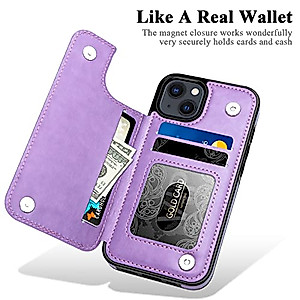 MMHUO for iPhone 14 Case with Card Holder, Flower Magnetic Back Flip Wallet Case for Women, Protective Case Phone Case, Purple