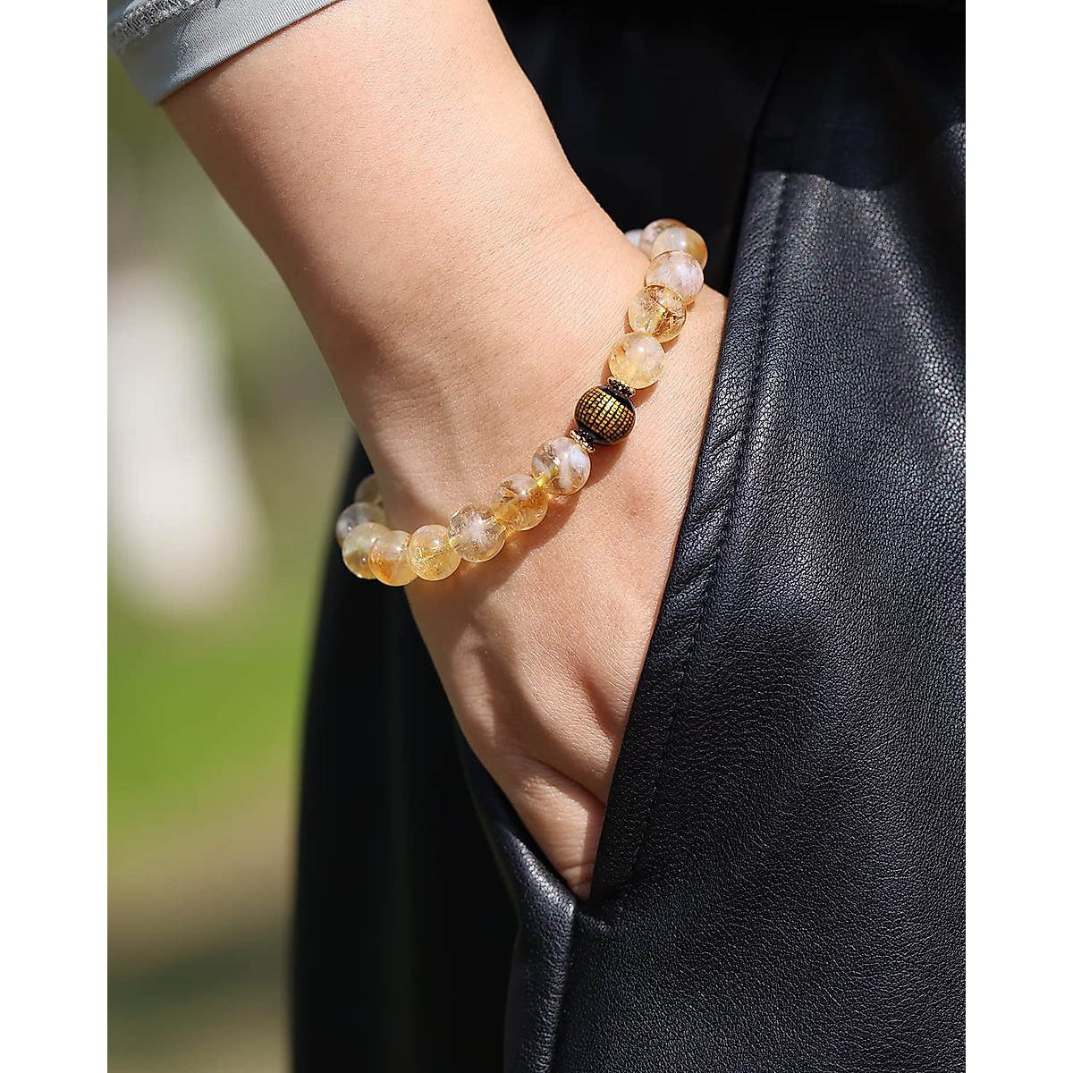 Jewever Geniune Natural Quartz Beaded Bracelet for Women Agate Sutra Beads Amulet Bracelet Stretch Healing Crystals and Gemstones Gifts for Jewelry (Citrine)