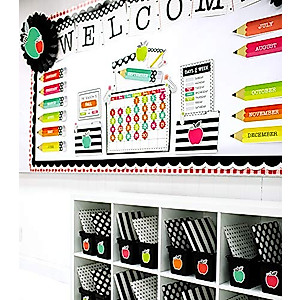 Schoolgirl Style Black, White and Stylish Supplies Bulletin Board Set?Notepad, Pencils, Pencil Pouches, Apple, Paper Clips, Scissors, Eraser, Glue Cutouts (23 pc)