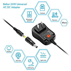 Belker 24W Multi Voltage 3V 4.5V 5V 6V 7.5V 9V 12V Universal AC DC Power Adapter Supply for Household Electronics - Max Amp 2000mA