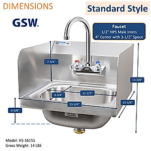 GSW HS-1615S Standard 16" x 15" Commercial Stainless Steel Wall Mount Hand Sink with Gooseneck Faucet and Side Splashguards for Restaurants, Kitchens, Garages, Bars