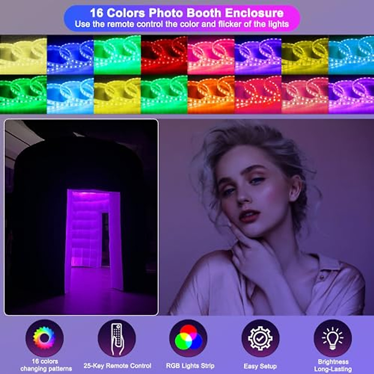 Inflatable Photo Booth Enclosure, 10 * 10 * 9ft Portable 16 Colors Shooting Tent for 360 Photo Booth Machine with 2 Doors, Inner Air Blower, Remote Controll Booth Tent for Wedding Birthday Parties