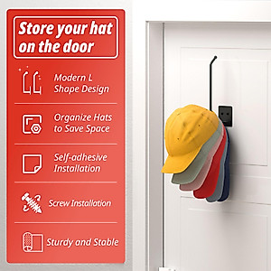 2 Pack Hat Racks for Baseball Caps Wall, Extended 8.07" Hat Organizer for Baseball Caps, Hat Storage for Baseball Caps, Hat Hooks Hat Hanger Strong Adhesive/Wall Drilled for Door, Closet(Black)