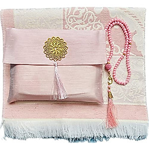 Muslim Prayer Rug and Beads with Elegant Slub Fabric Bag | Janamaz | Sajadah | Soft Islamic Prayer Rug | Islamic & Mawlid Gifts | Prayer Carpet Mat, Taffeta Fabric (Pink, 1 Sets)