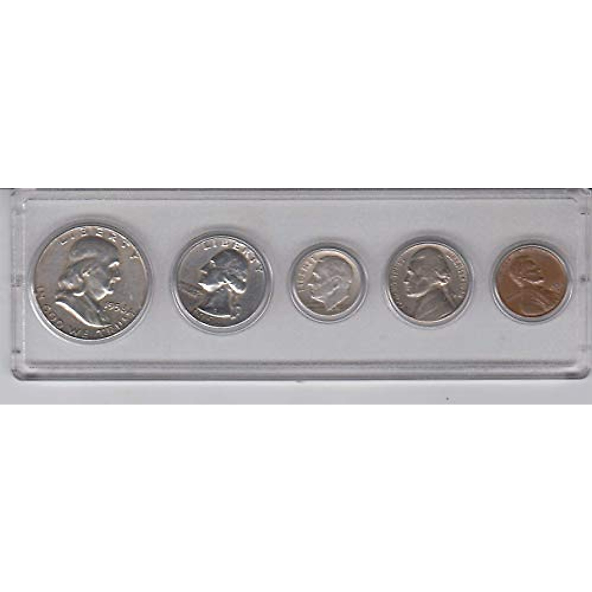 1958 Birth Year Coin Set (5) Coins - Half dollar, Quarter, Dime, Nickel, and Cent All Dated 1958 and Encased in Plastic Display Case Fine
