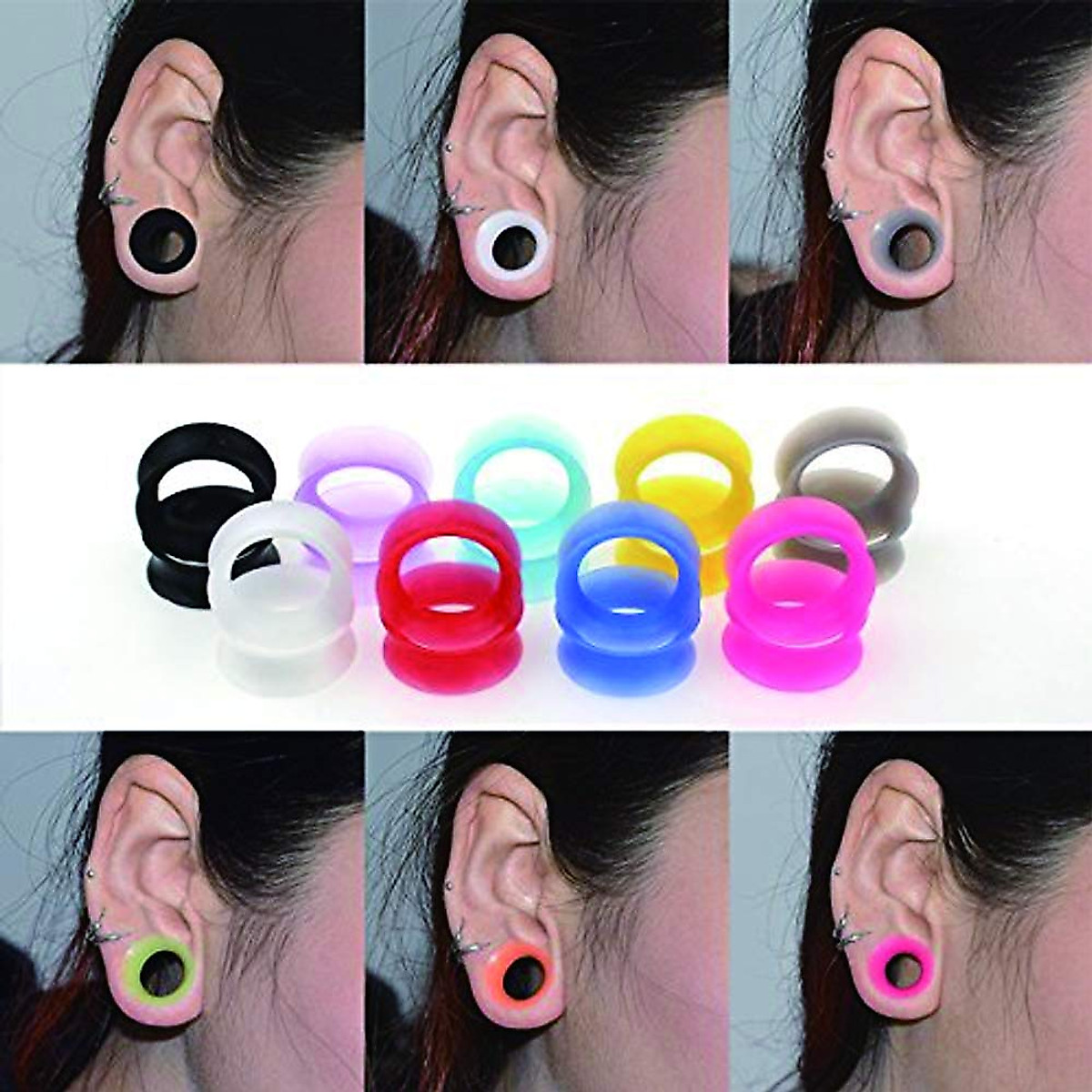 TOPBRIGHT 12 Pairs Ultra Thin Soft Silicone Ear Tunnels, Silicone Ear Skins Gauges and Plugs for Piercing