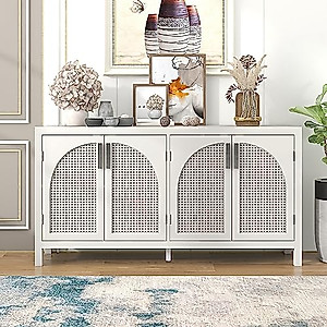 LUMISOL Accent Buffet Cabinet with Rattan Doos, Modern Sideboard and Buffet Table Console Table with Adjustable Shelves for Living Room, White