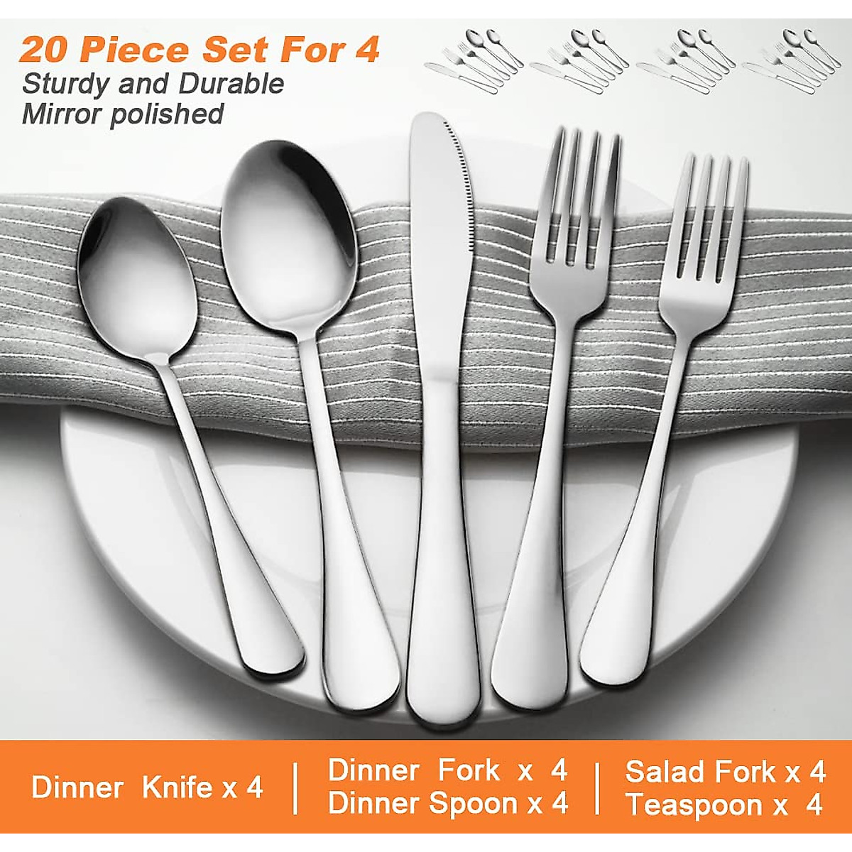 CIYOUTTO Silverware Set Flatware set ,20-Piece Service for 4,Kitchen Eating Utensils Set Stainless Steel Tableware Cutlery, Includes Dinner Knife/Fork/Spoon/Teaspoon/Salad Fork (Silver)