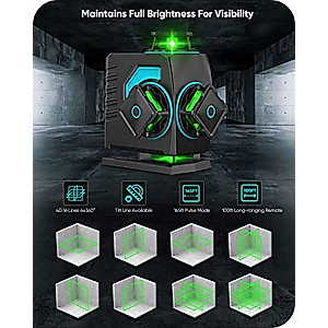 Laser Level Self Leveling 360 Green 4-Plane 4D 16 Line ACTBOT 10000mAh All-Inclusive Kit Swivel Level Line Laser with Pulse Mode Tilt Horizontal Vertical 4x360 Cross Line Remote Controller Switchable