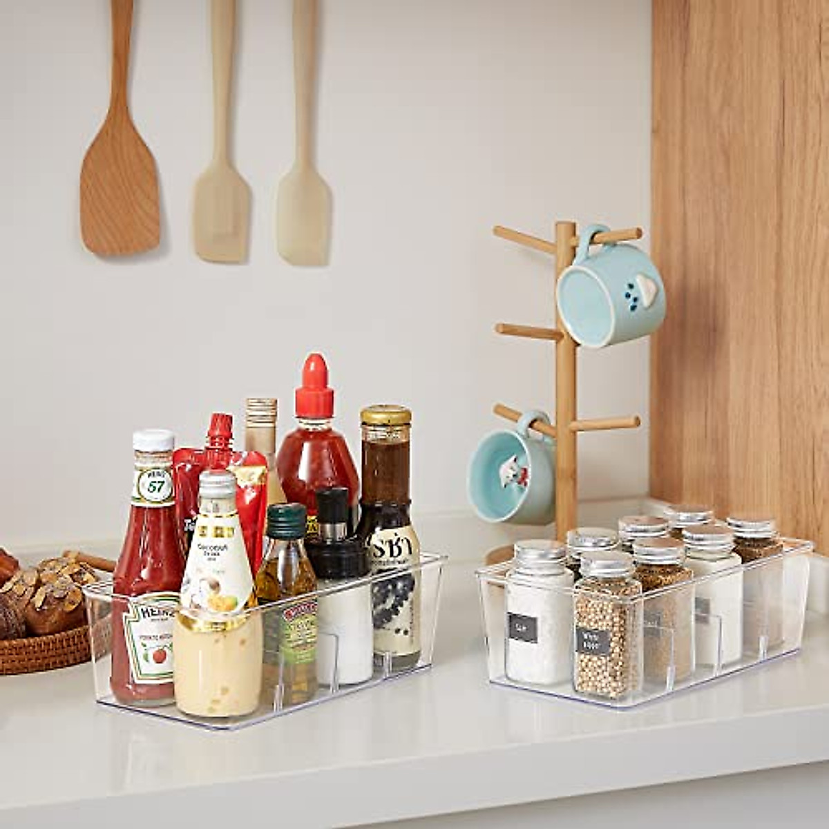 Lifewit 4Pcs Plastic Food Storage Organizer Bin Box, Hold with 3 Dividers for Tea Bags, Snacks, Packets, Pouches, Spices, Ideal for Pantry, Kitchen, Fridge, Cabinet Organization, BPA Free, Clear