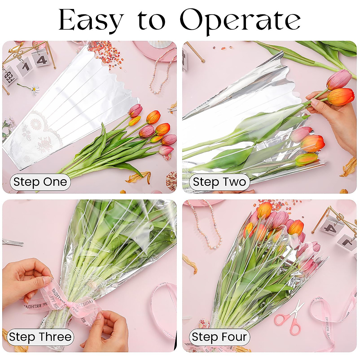 NUOMI 100 Pcs Flower Bouquet Bag Plastic Wrapping Bags with Lace Decor Disposable Cellophane Floral Bouquet Sleeve for Wedding, Mother's Day, Birthday, Holiday, Valentine, 19 Inch