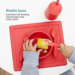 ezpz Happy Bowl - 24 Months + (Blue) - 100% Silicone Suction Bowl with Built-in Placemat – Dishwasher Safe