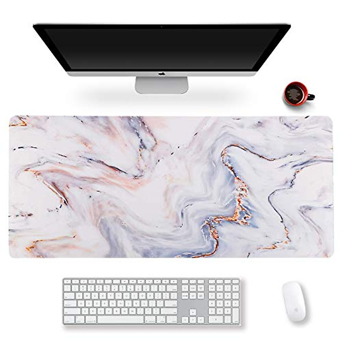 Extended Gaming Mouse Pad XXL ArtSo Large Keyboard Mat Long Mousepad Desk Decor Writing Pad Non Slip Rubber Base Stitched Edges for Work, Game, Office, Home, 35.1" x 15.7", White Gold Marble