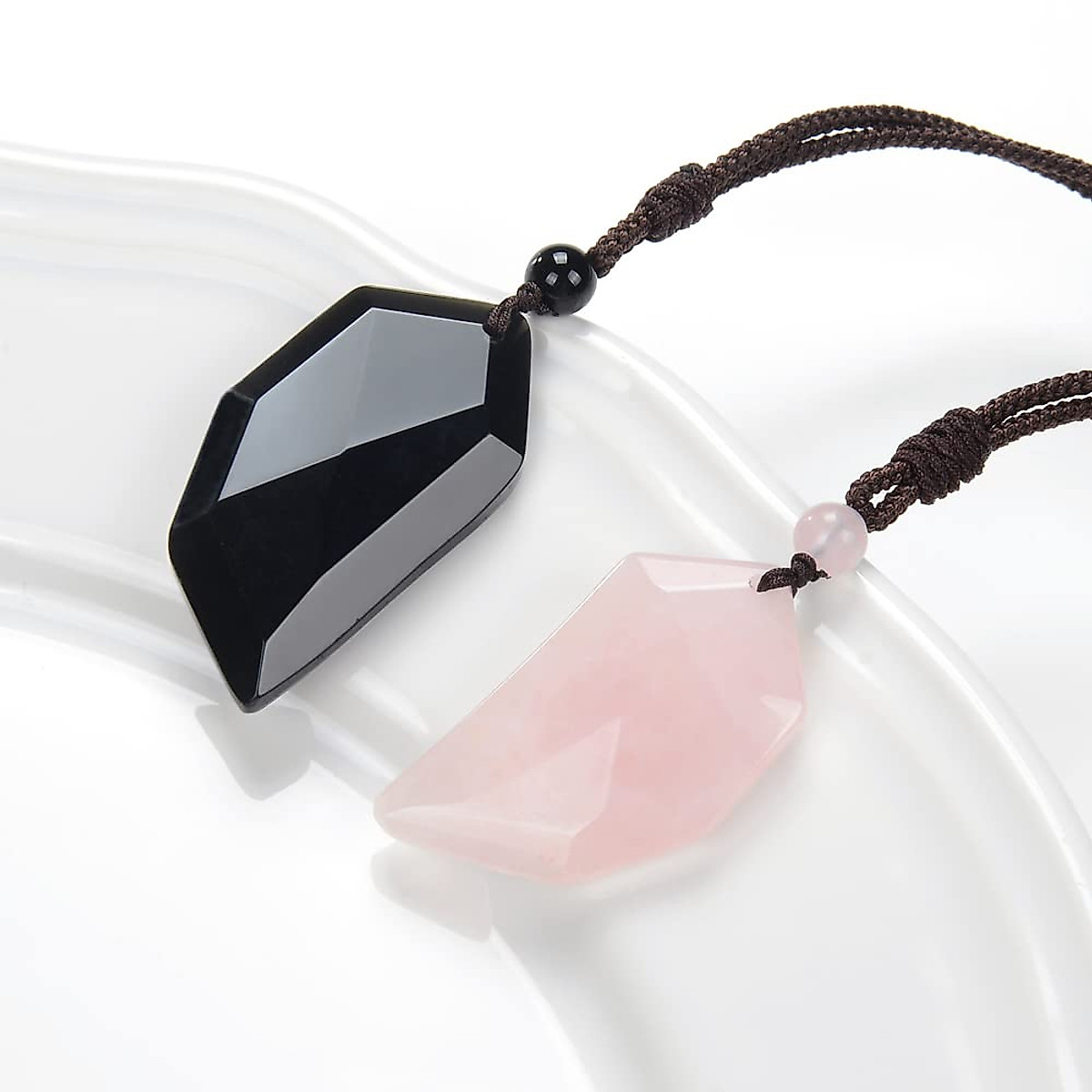 Domika 2pcs Healing Stone Matching Heart Couples Necklace Rose Quartz Black Obsidian Crystal Pendant Adjustable Rope Love Puzzle Necklace for Men Women