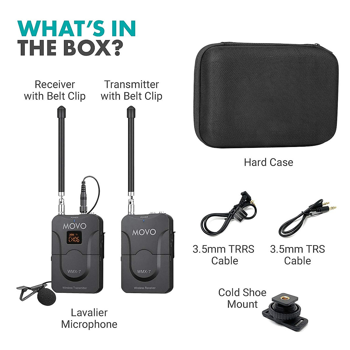 Movo Universal Wireless System, 12 VHF Channels, 2-Microphone, 3.5mm TRRS, 1-Year Warranty