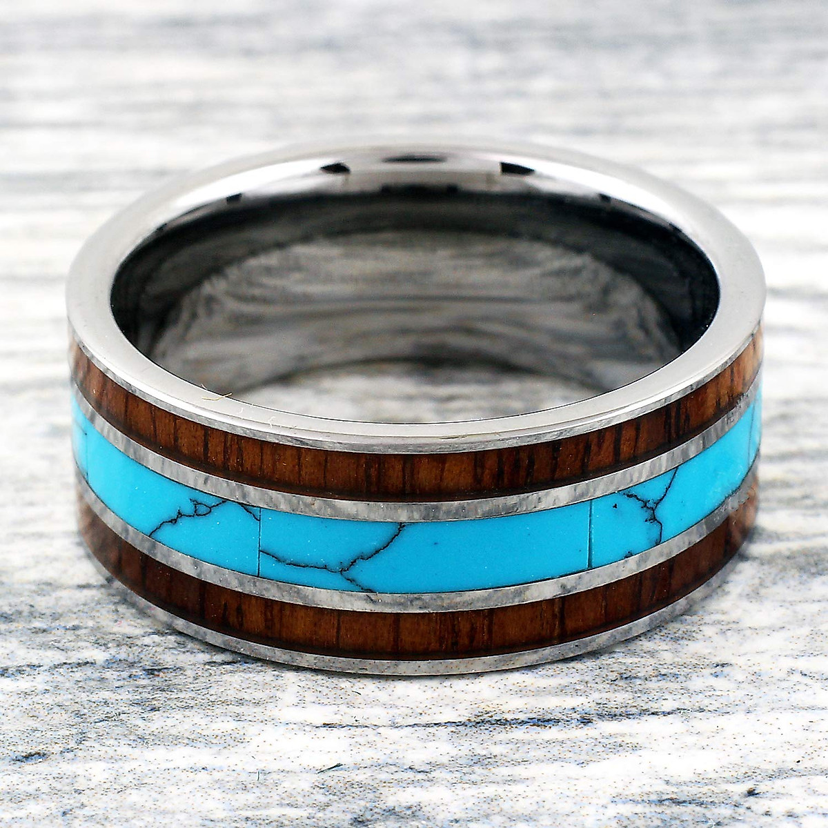 King's Cross Magnificent X-Wide 10mm Mirror Polished Silver Tungsten Carbide Band Ring w/Blue Turquoise Inlay Between 2 Koa Wood Inlays. (Tungsten (10mm), 9)