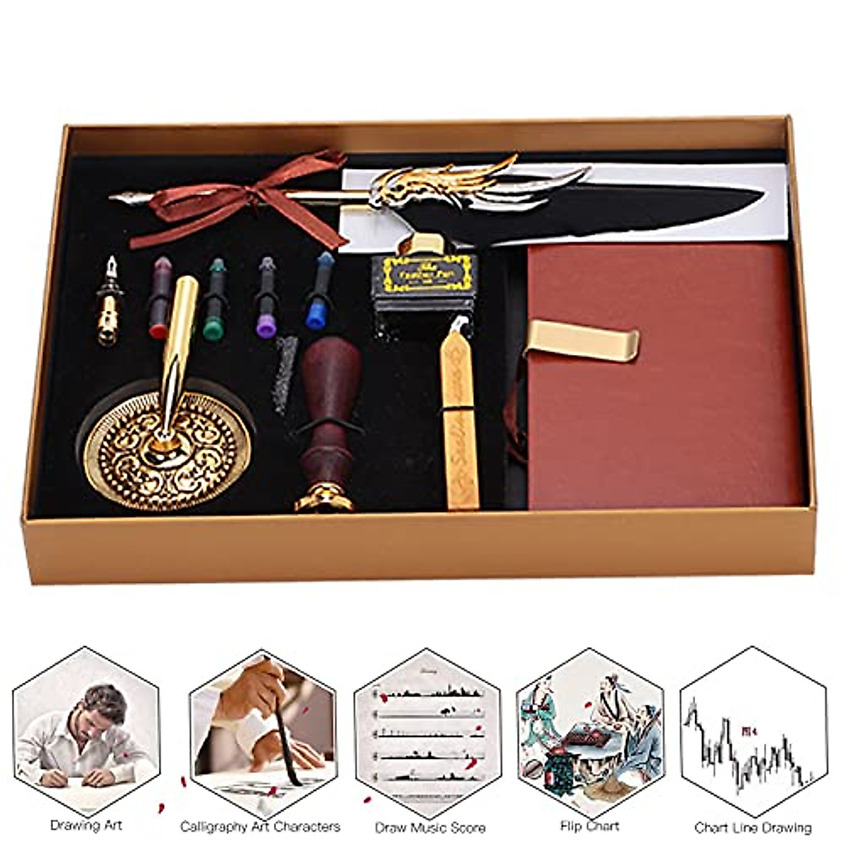 GOWENIC Dip Calligraphy Pen Set, Ink Sac Pen Kit Retro Carved Design for Office for Home (SP139001 black)