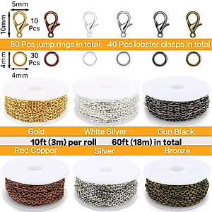 Jishi Chains Jewelry Making Supplies, 60ft Cable Link Chains for Making Jewelry Necklace Earring Bracelet Findings DIY Craft Kit for Adults, 6-Color 2mm Gold Silver Copper Plated Metal Link Rolls Bulk