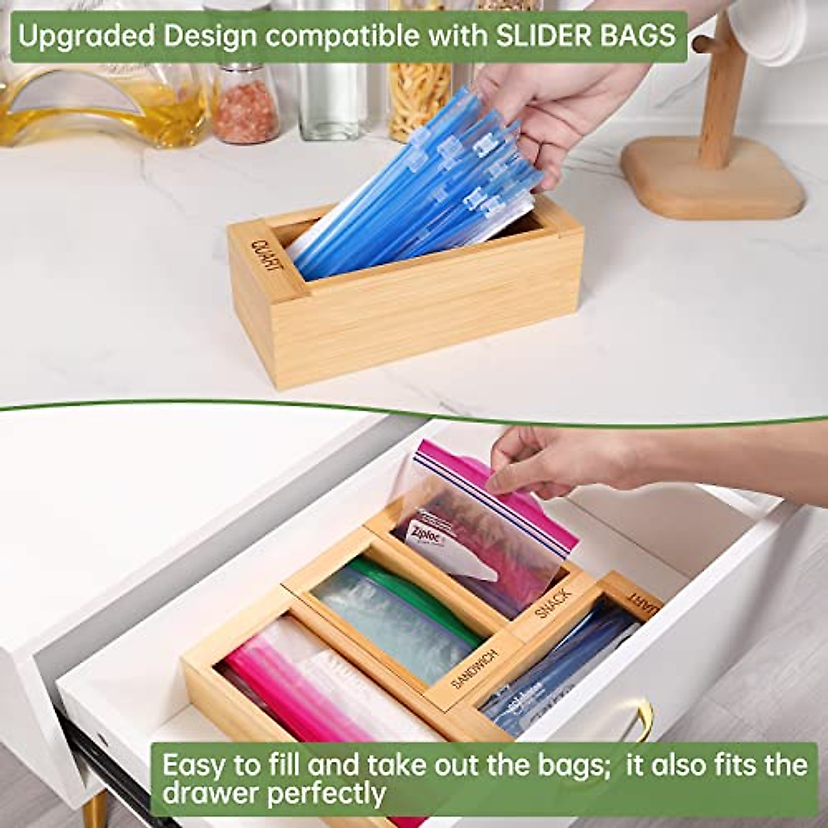 Ziplock Bag Organizer, Natural Bamboo Drawer Organizer for Kitchen, Plastic Bag Holder, Food Storage Bags Holder, Compatible with Ziploc, Solimo, Hefty, Glad. Container for Gallon, Quart, Sandwich, Snack, and Slider Bag with Extra 10pcs Mylar Bags for Foo