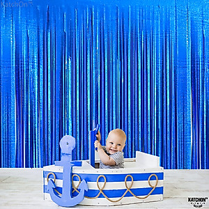 KatchOn, Iridescent Blue Streamers Backdrop - 3.2x8 Feet, Pack of 2 | Graduation Backdrop 2024, Graduation Decorations 2025, Pool Party Decorations | Iridescent Blue Backdrop, Summer Party Decorations