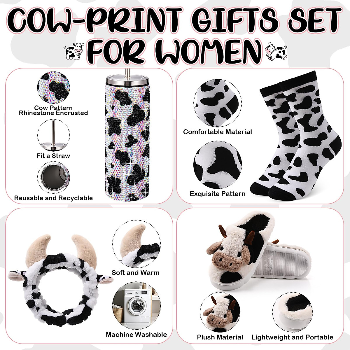 FillTouch 11 Pcs Cow Print Gifts Sets for Women Includes Tumbler Slippers Socks Earrings Hair Scrunchies Headbands Tote Bag Cow Print Stuff for Graduation Birthday Mother Nurses Farm Animal Lover