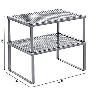 SONGMICS Cabinet Shelf Organizers, Shelf Organizer, Countertop Organizer, Shelf Riser, Stackable, Expandable, Set of 2 Metal Kitchen Counter Shelves, Silver UKCS01SV