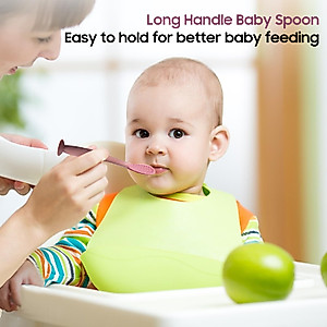 BEMEI Silicone Baby Spoons for First Stage Training Baby Utensils, Baby Spoons Self Feeding 6 Months, Long Handle Baby Feeding Spoon with Fixed Suction Cup, Dishwasher Safe【gray+kahaki+orange】