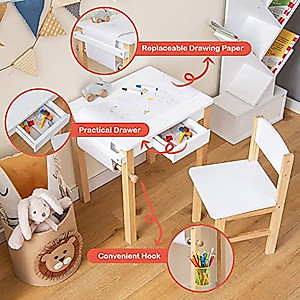 Costzon Kids Table and Chair Set, Toddler Study Desk w/Paper Roll, Drawer, 2 Marker Pens, Wooden Activity Table Set for Playroom & Nursery, Gift for Boys & Girls, Toddler Table & Chair (White)