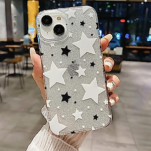 HYUEKOKO Compatible with iPhone 13 Case Bling Glitter White Black Stars Case for Women Girls, Slim Hard Back Clear Phone Case Cover for iPhone 13 6.1''