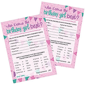 DISTINCTIVS Who Knows The Birthday Girl Best Party Game - 10 Game Cards - Girly Pink and Purple Tween Birthday Party Supplies