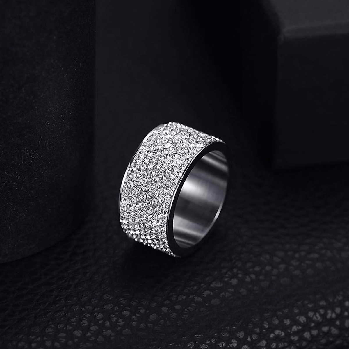IFUAQZ Stainless Steel Gorgeous Silver 8 Rows Lines Cz Cubic Zirconia Clear Crystal Eternal Wedding Band Ring 12mm, Silver White Size 7