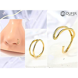 OUFER 20G Nose Rings Hoops, 9K Solid Gold Double Row Nose Rings, Seamless Open Cartilage Earrings, Nose Piercing Jewelry for Women and Men