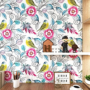 HotDecor 24"x118" Bird Boho Floral Wallpaper Flower Wallpaper Peel and Stick Floral Contact Paper Adhesive Stick on Botanical Wall Paper for Walls Cabinets Drawer Bedroom Shelves Decorative