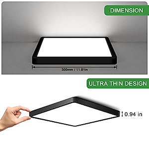 12Inch 24W Square LED Ceiling Light Fixtures Flush Mount, 5000K Daylight White LED Ceiling Lamp, Surface Mount Modern Ceiling Lights, Black Slim Flat Panel Lighting for Bedroom, Kitchen, Bathroom Etc