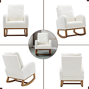 Antetek Modern Accent Rocking Chair, Upholstered Nursery Glider Rocker for Baby and Kids, Comfy Armchair with Side Pocket, Living Room Lounge Arm Chair with High Backrest (White)